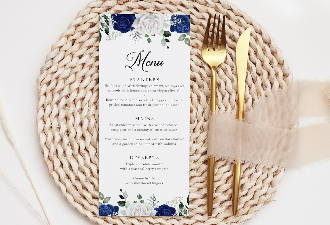 Royal Blue and White Menu Cards, Rose Wedding Breakfast Menu, Printed ...