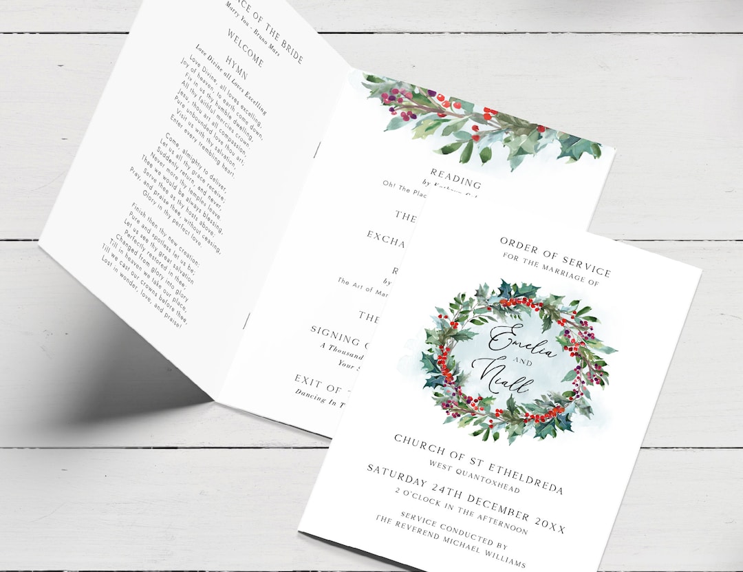 Winter Wedding Order of Service, Christmas Order of Service Booklet, Wedding Programme, Ceremony ...