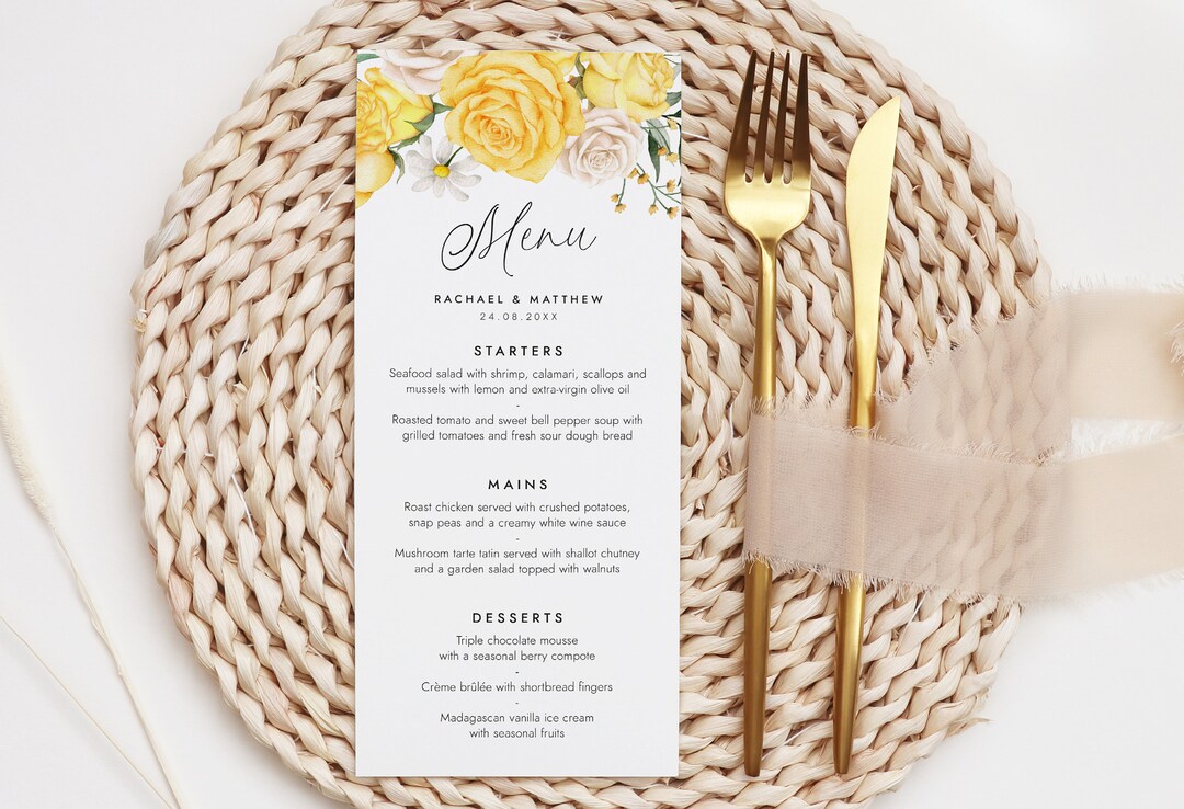 Yellow and White Menu Cards, Rose Wedding Breakfast Menu, Printed ...