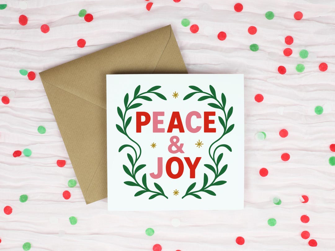 Peace and Joy Christmas Card, Modern Folk Art Card, Simple Bright Red ...