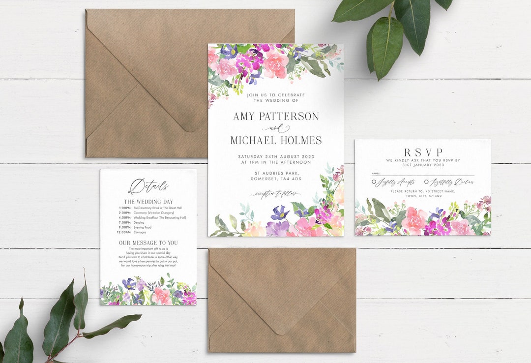 Floral Wedding Invitation, Pink Flower Wedding Invitation, Botanical ...