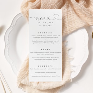 Printed Simple Wedding Menu, Wedding Menu Cards, Personalised Wedding ...