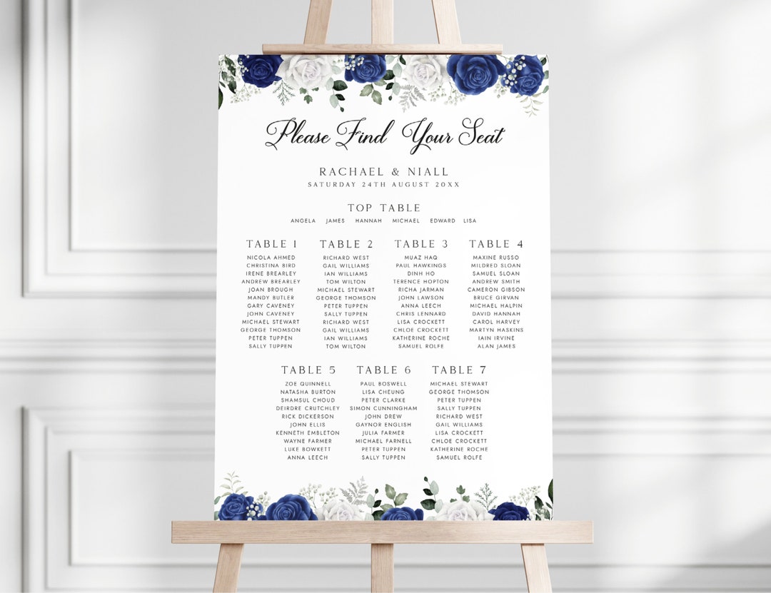 Royal Blue Wedding Table Plan, Personalised Seating Plan, Find Your ...