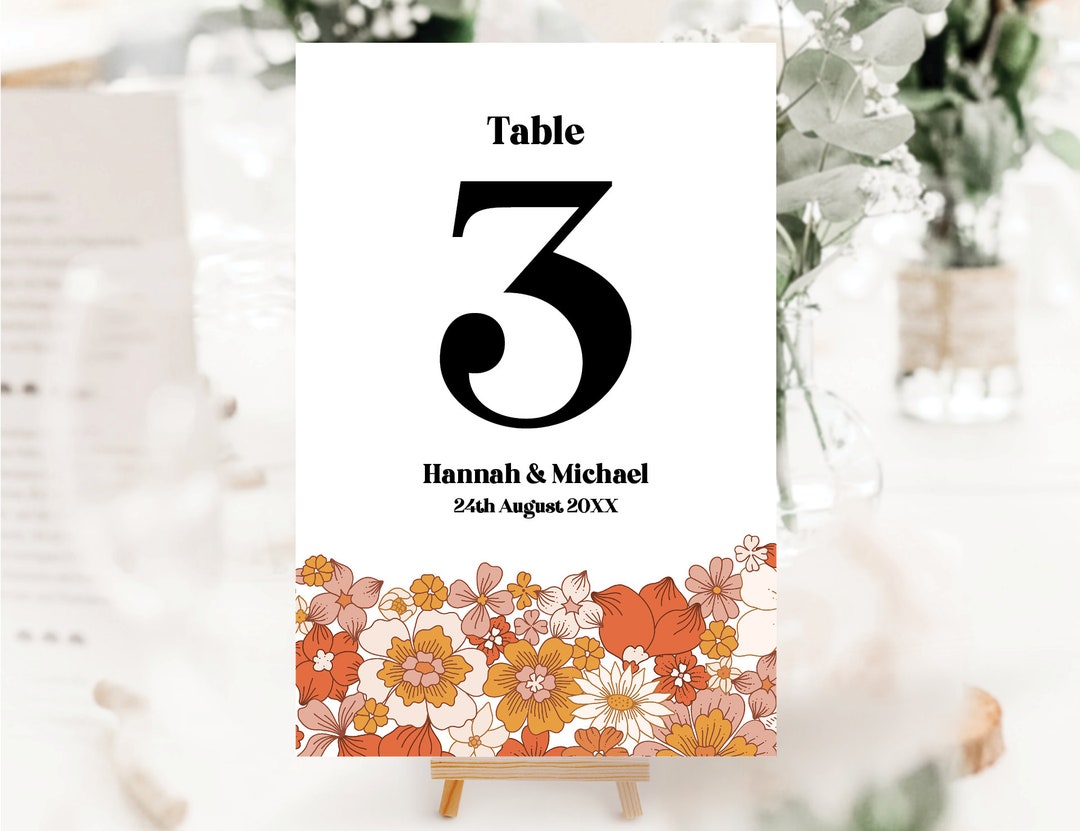Retro Floral Table Numbers, Printed Table Numbers, Table Name Cards for ...