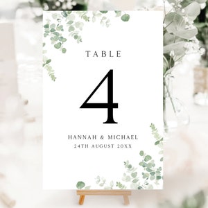 Eucalyptus Wedding Table Numbers, Printed Table Name Cards for Wedding ...