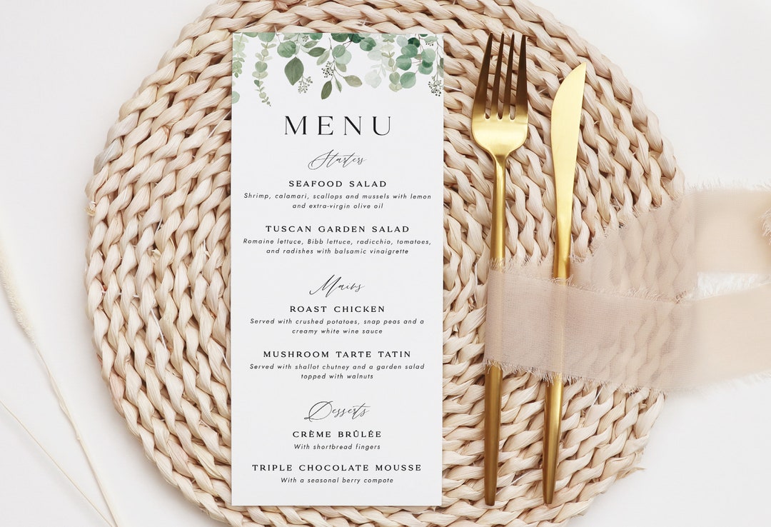 Wedding Menu Cards, Printed Eucalyptus Wedding Menu, Personalised ...
