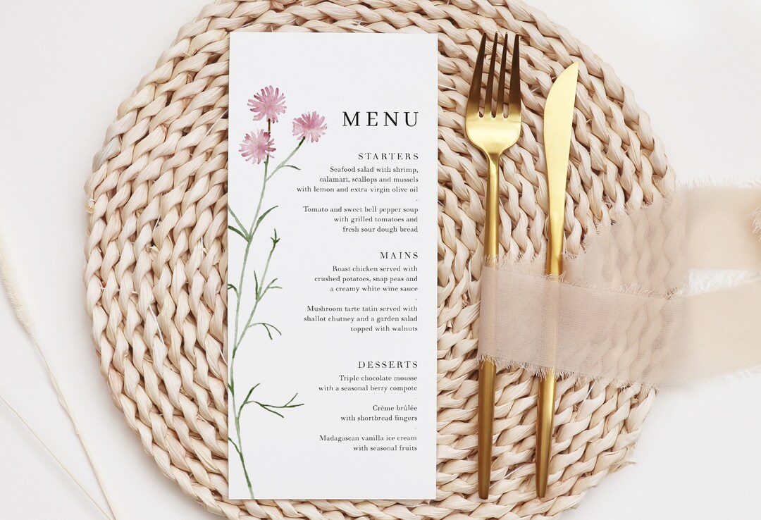 Printed Floral Wedding Menus, Pretty Printed Menu Cards for Reception ...