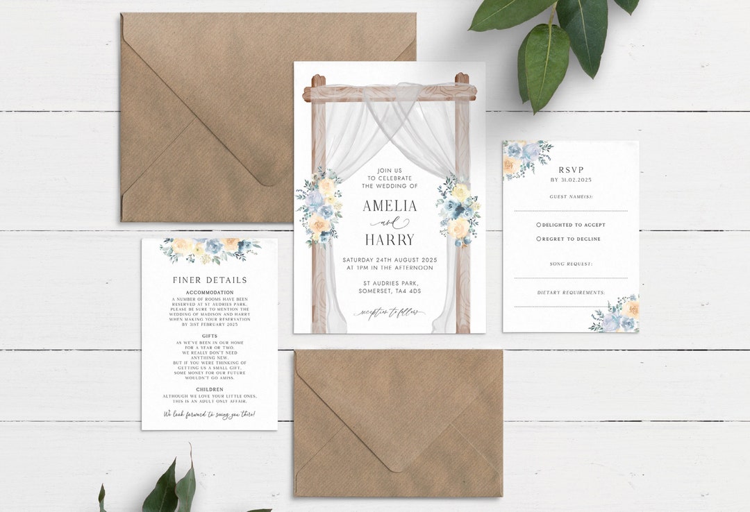 Wedding Arch Invite, Blue Boho Wedding Invitation, Rustic Boho Wedding ...