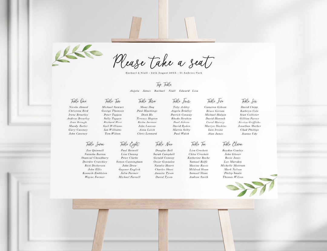 Simple Seating Plan, Greenery Wedding Table Plan, Personalised Find ...