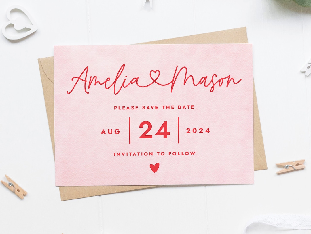 Pink & Red Save the Date, Retro Save the Date, Colourful Wedding ...