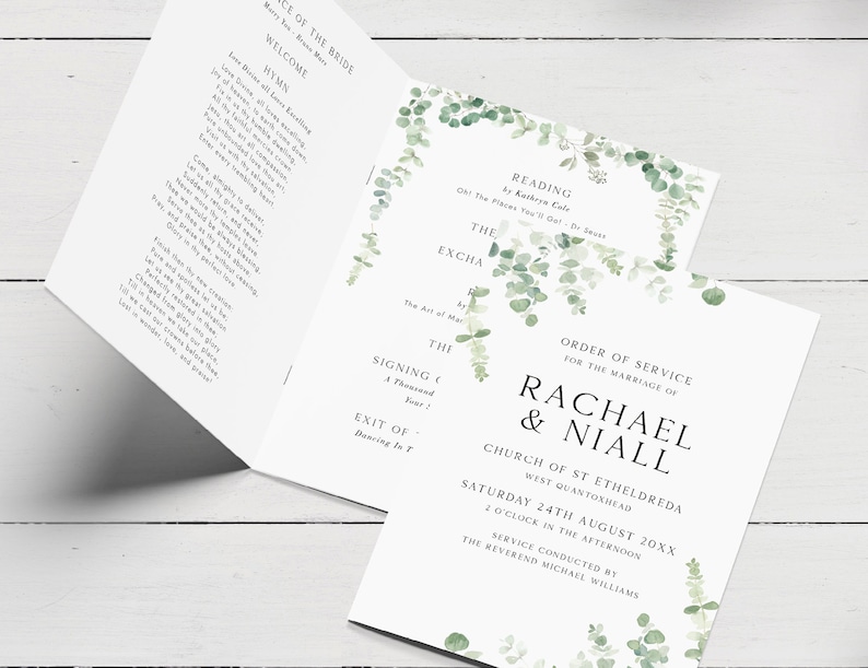 Eucalyptus Wedding Order of Service, Simple Order of Service Booklet ...