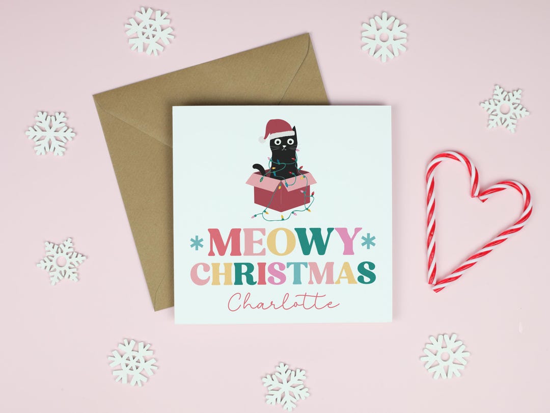 Personalised Meowy Christmas Card, Cute Cat in Box Design, Children's ...