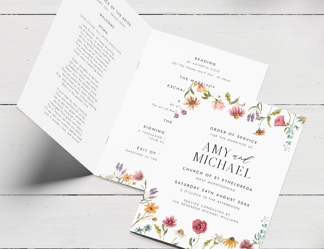 Wildflower Wedding Order of Service, Floral Order of Service Booklet ...