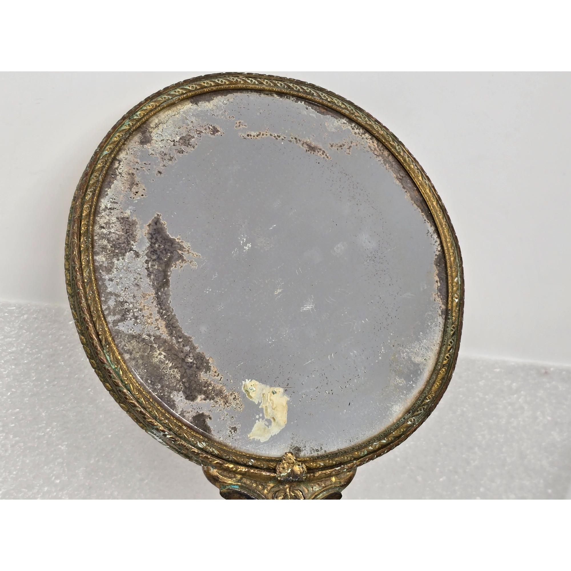 Antique Victorian Hand Mirror Ornate Brass Floral Handle Patina Beveled ...