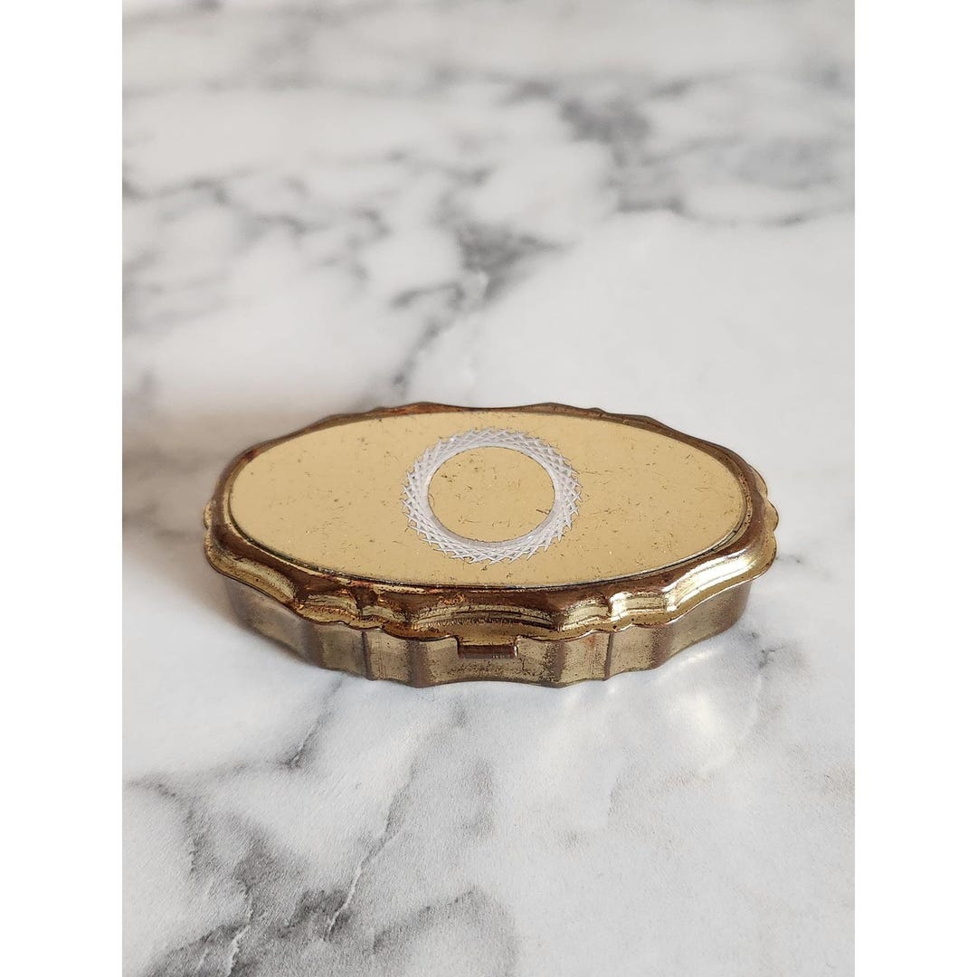 Vintage Gold-tone Hinged Metal Pill Box With White Interior & Oval ...