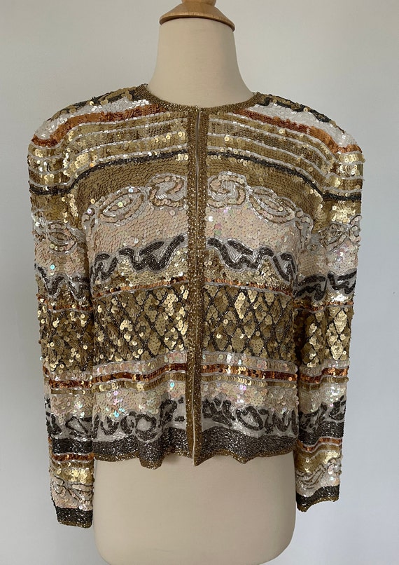 Vintage Sequin Beaded Gold White Silver Heavy Jacket … - Gem
