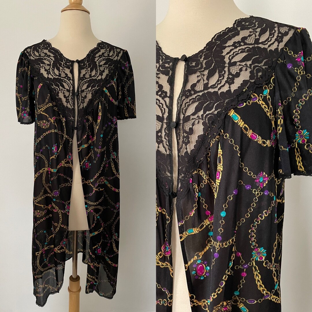 Vintage Vassarette Black Lace Gold Chain Print Button up Night Jacket ...