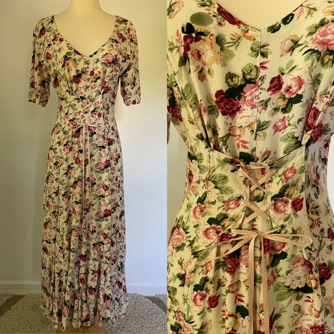 Vintage 1990s Prairie Floral Flower Print Built in Double Lace up ...