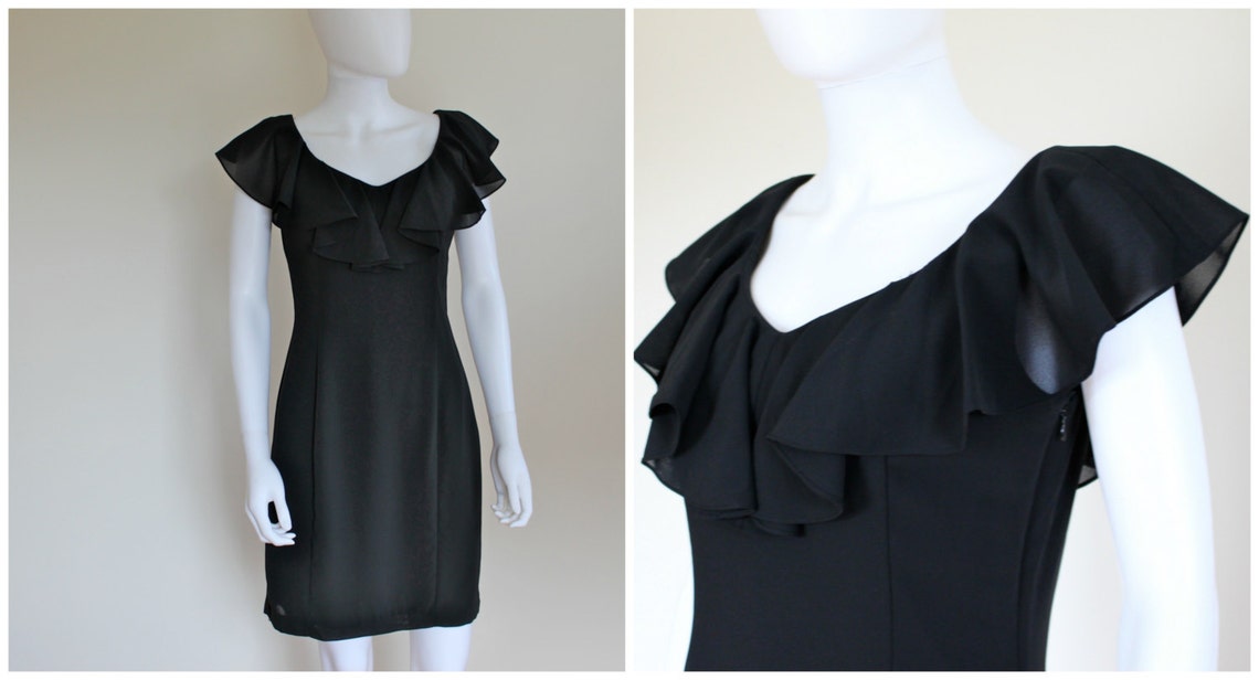 Vintage 1990's Rare Black Ruffle Neckline LBD Goth Grunge Mini Dress by ...