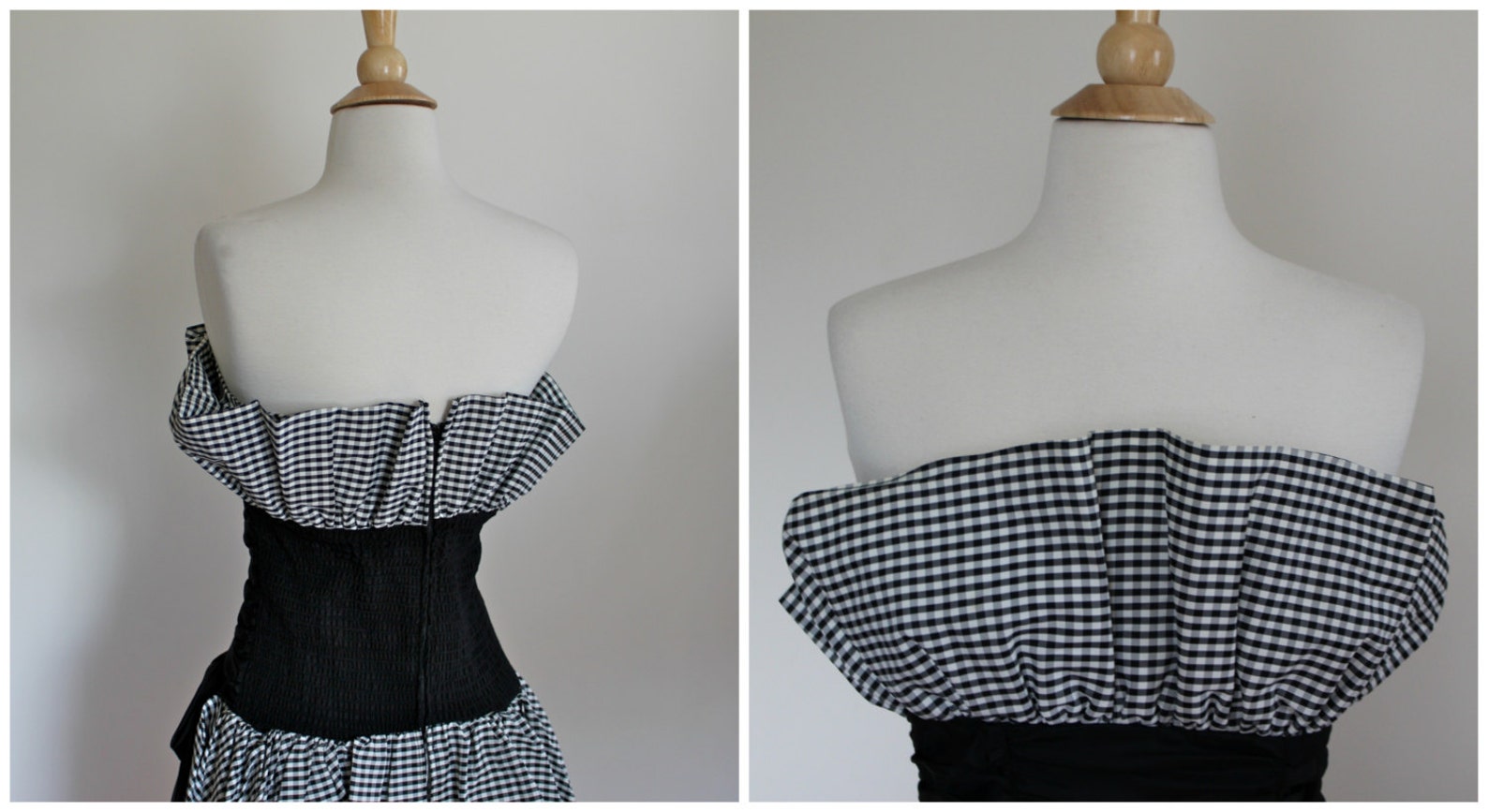 Vintage 1980's 50's Style Black White Checkered Strapless Ruffled Retro ...