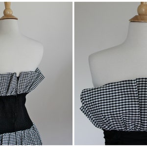 Vintage 1980's 50's Style Black White Checkered Strapless Ruffled Retro ...