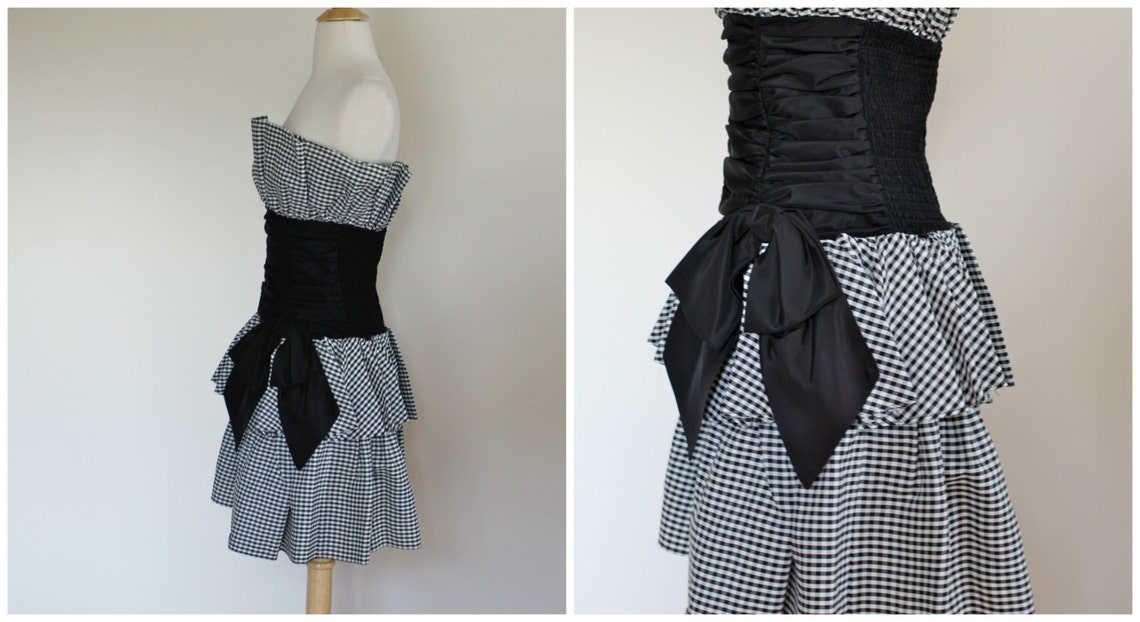 Vintage 1980's 50's Style Black White Checkered Strapless Ruffled Retro ...