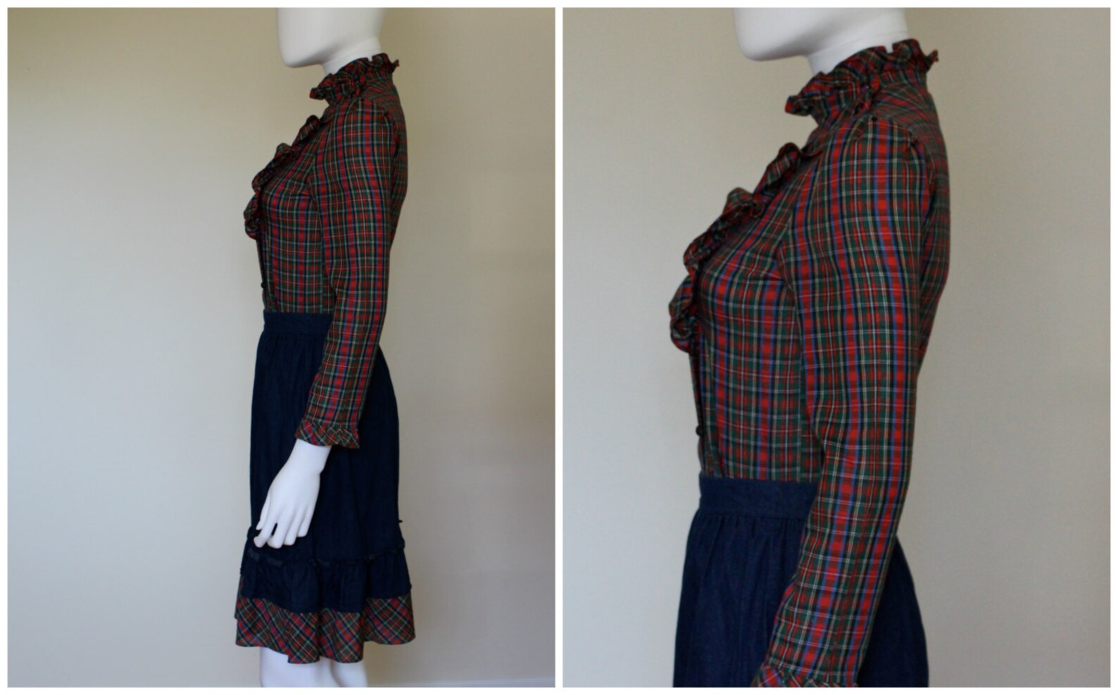 Vintage 1960's 2 Piece Red Plaid Blue Denim Jean Ruffle Neck Button up Top Midi Skirt Outfit ...