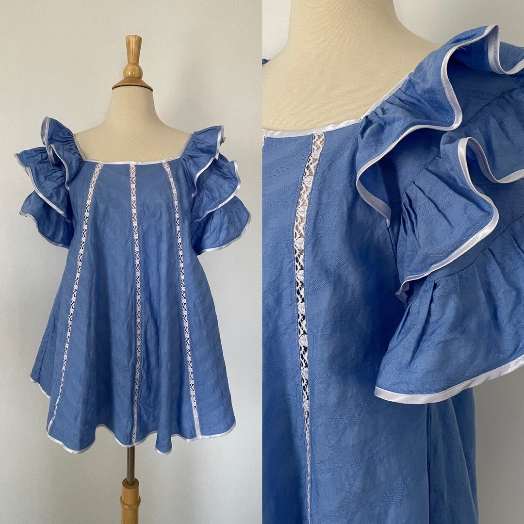 Vintage Cornflower Blue Hee Haw Country Western Ruffle Sleeve Boho ...