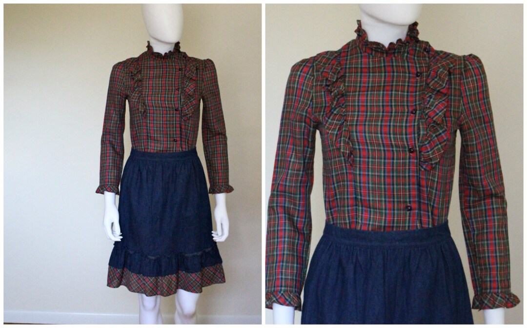 Vintage 1960's 2 Piece Red Plaid Blue Denim Jean Ruffle Neck Button up Top Midi Skirt Outfit ...