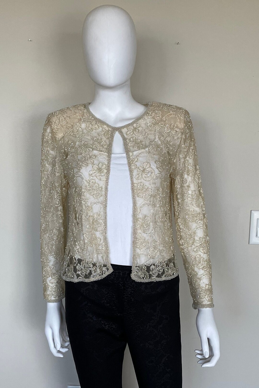 Vintage Beaded Sheer Lace Bridal Wedding Long Sleeve Jacket Cardigan ...