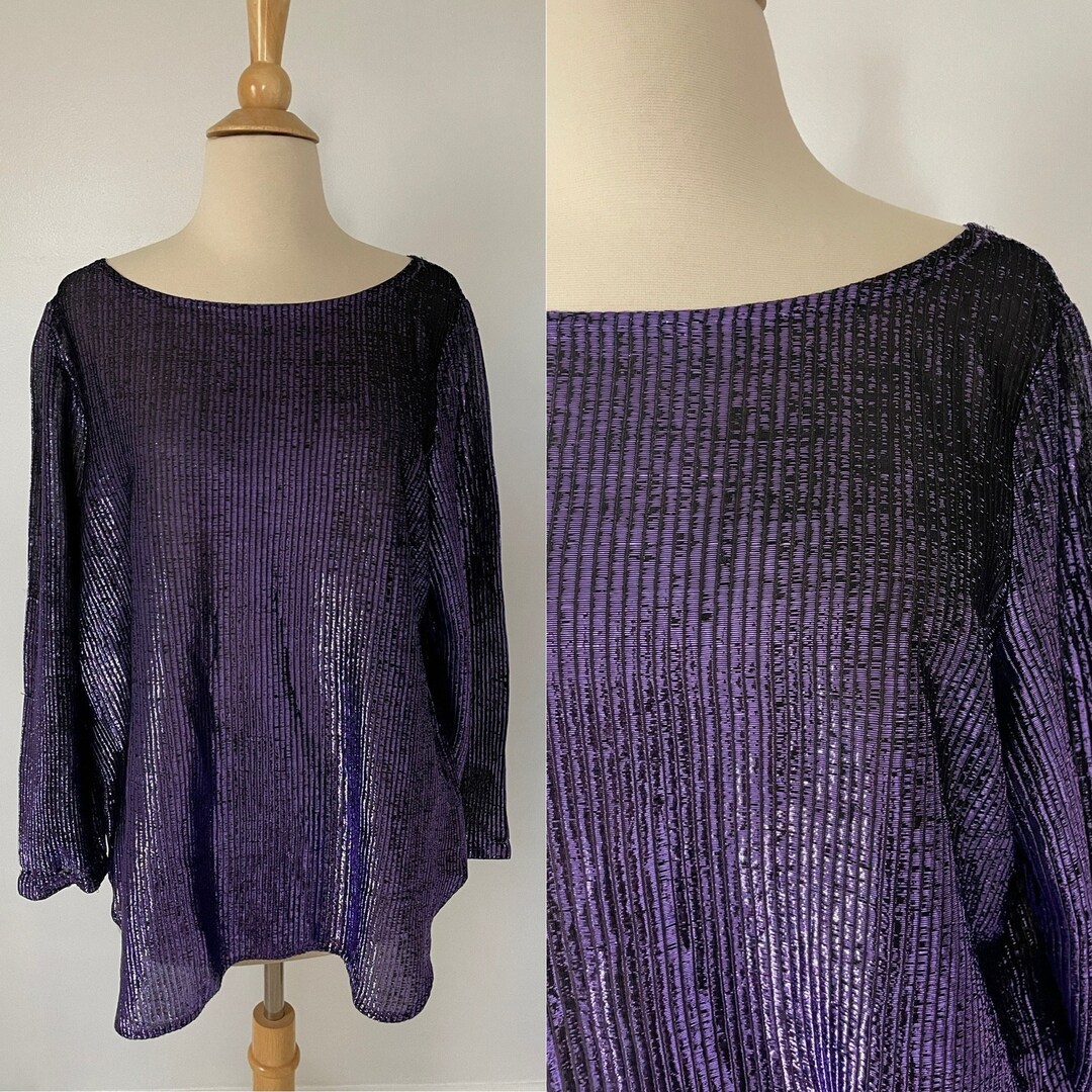 Vintage 1970’s Disco Shiny Metallic Sheer Dark Purple Black Long Sleeve ...