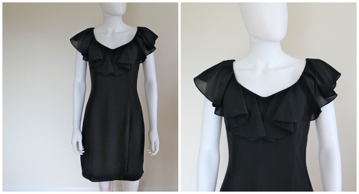 Vintage 1990's Rare Black Ruffle Neckline LBD Goth Grunge Mini Dress by ...