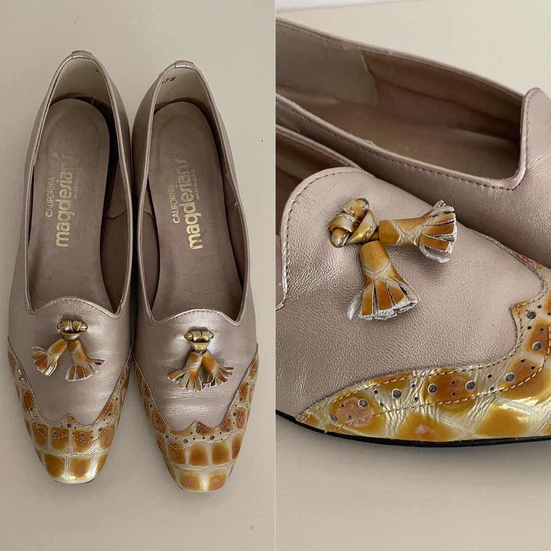 Vintage 1970s Magderia California Leather Yellow Metallic Gold Flats ...