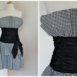 Vintage 1980's 50's Style Black White Checkered Strapless Ruffled Retro ...