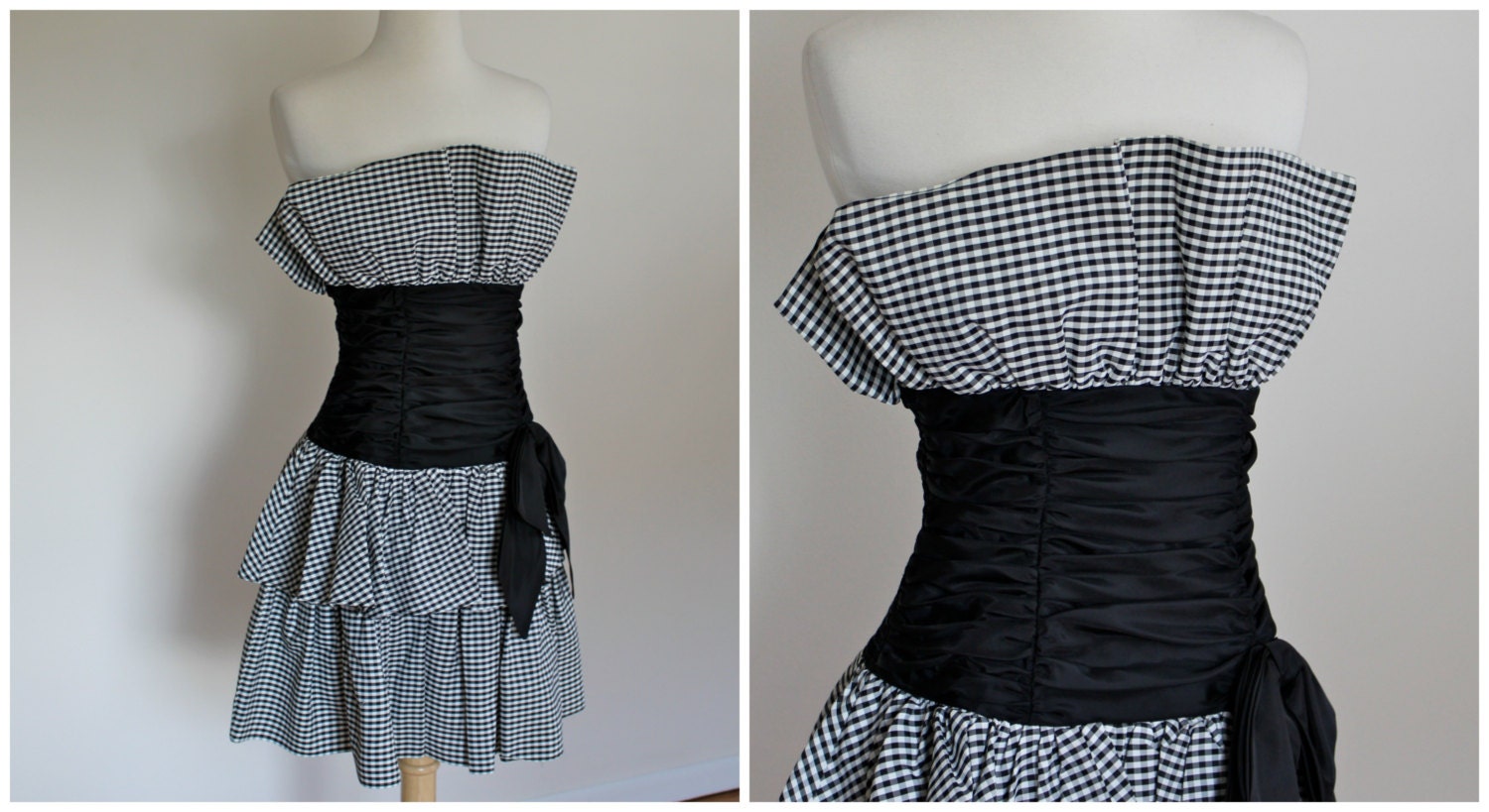 Vintage 1980's 50's Style Black White Checkered Strapless Ruffled Retro ...