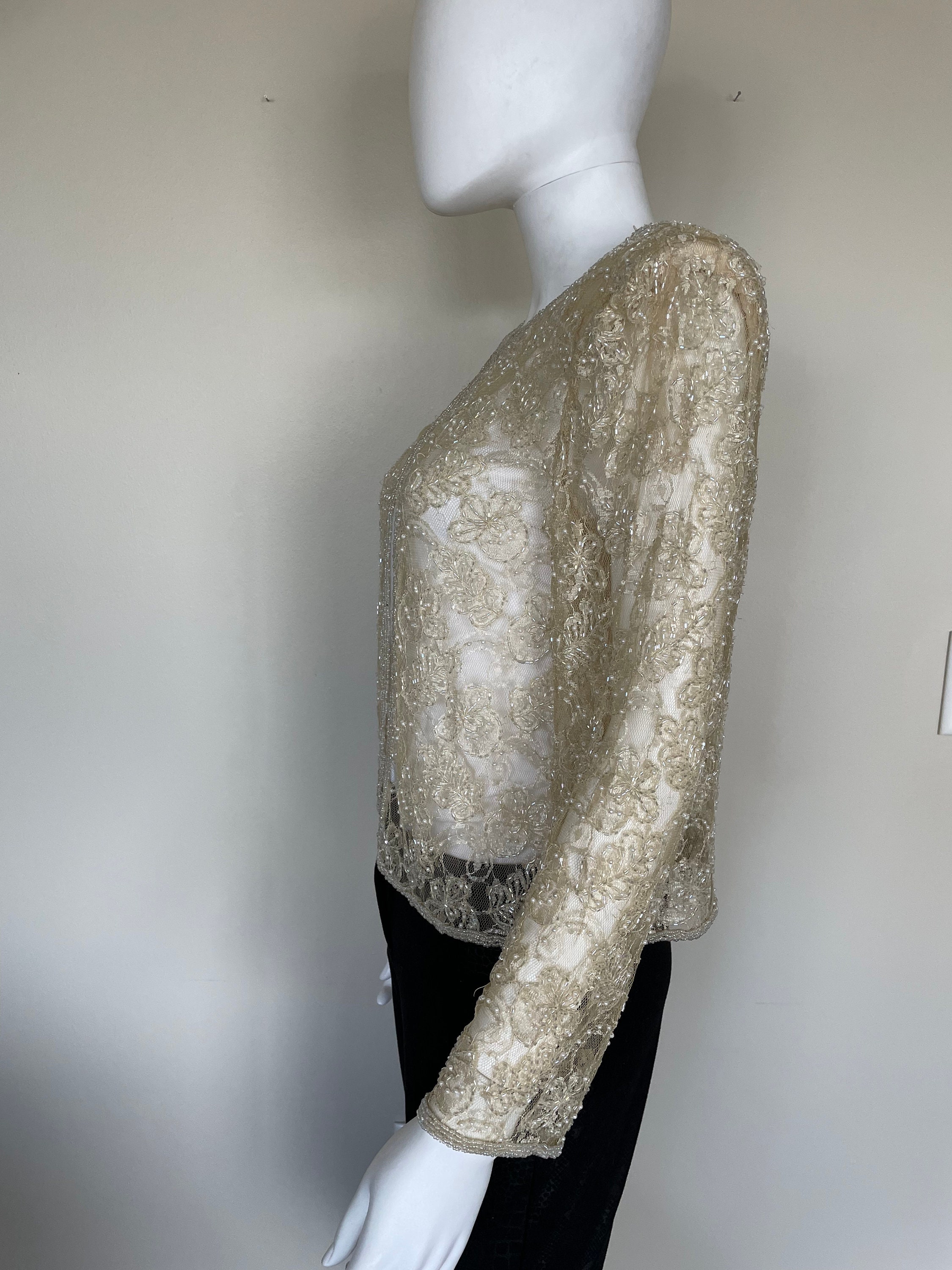 Vintage Beaded Sheer Lace Bridal Wedding Long Sleeve Jacket Cardigan ...