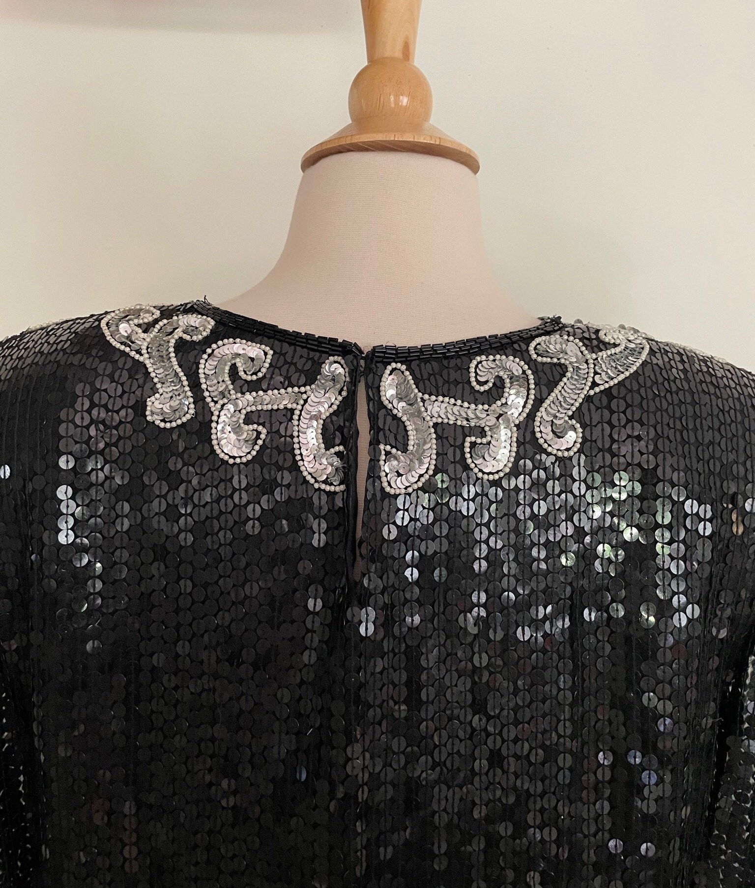 Vintage 1980’s Black Silver Sequin Long Sleeve Pull Over Disco Evening ...