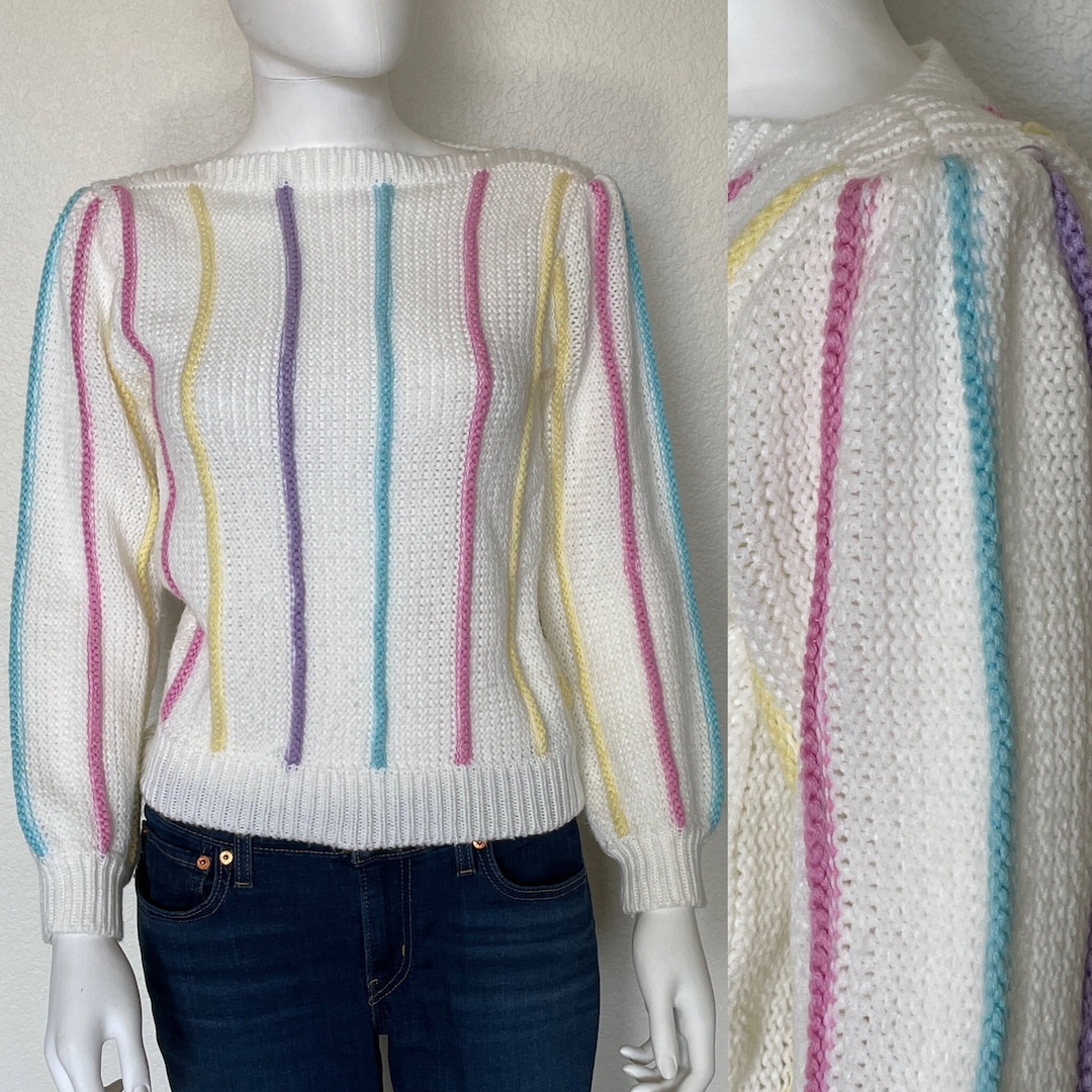 Vintage 80s Cable-knit White Pastel Long Sleeve Sweater by Gitano Small ...