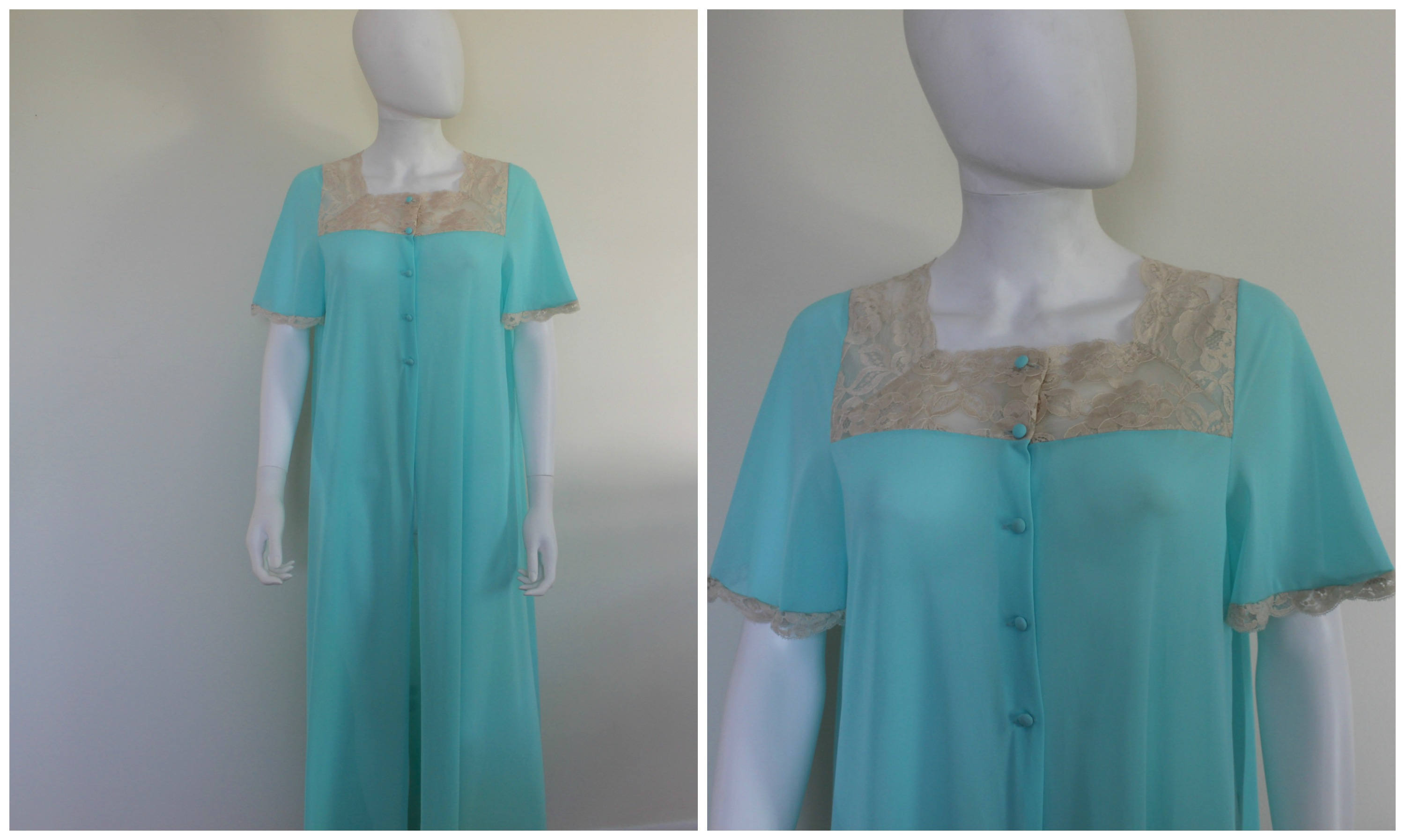 Vintage 1950s Sheer Aqua Blue Ivory Cream Lace Short Sleeve Button up ...