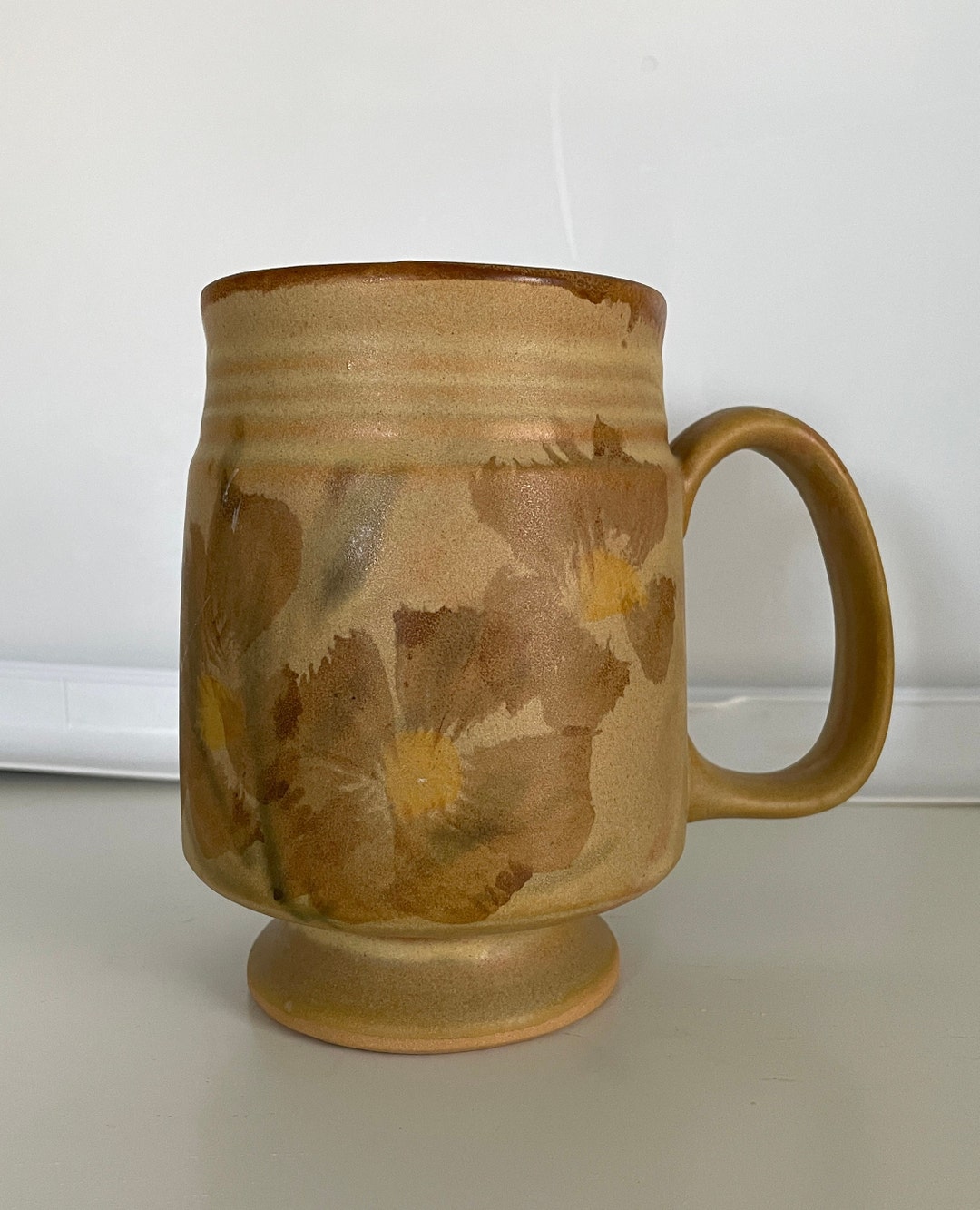 Vintage 1950s MCM Clay Pottery Painted Floral Brown Tan Large Mug - Etsy