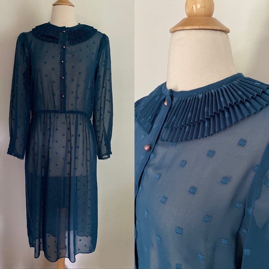 Vintage 1970’s Teal Blue Sheer Ling Sleeve Button up Shakespeare ...