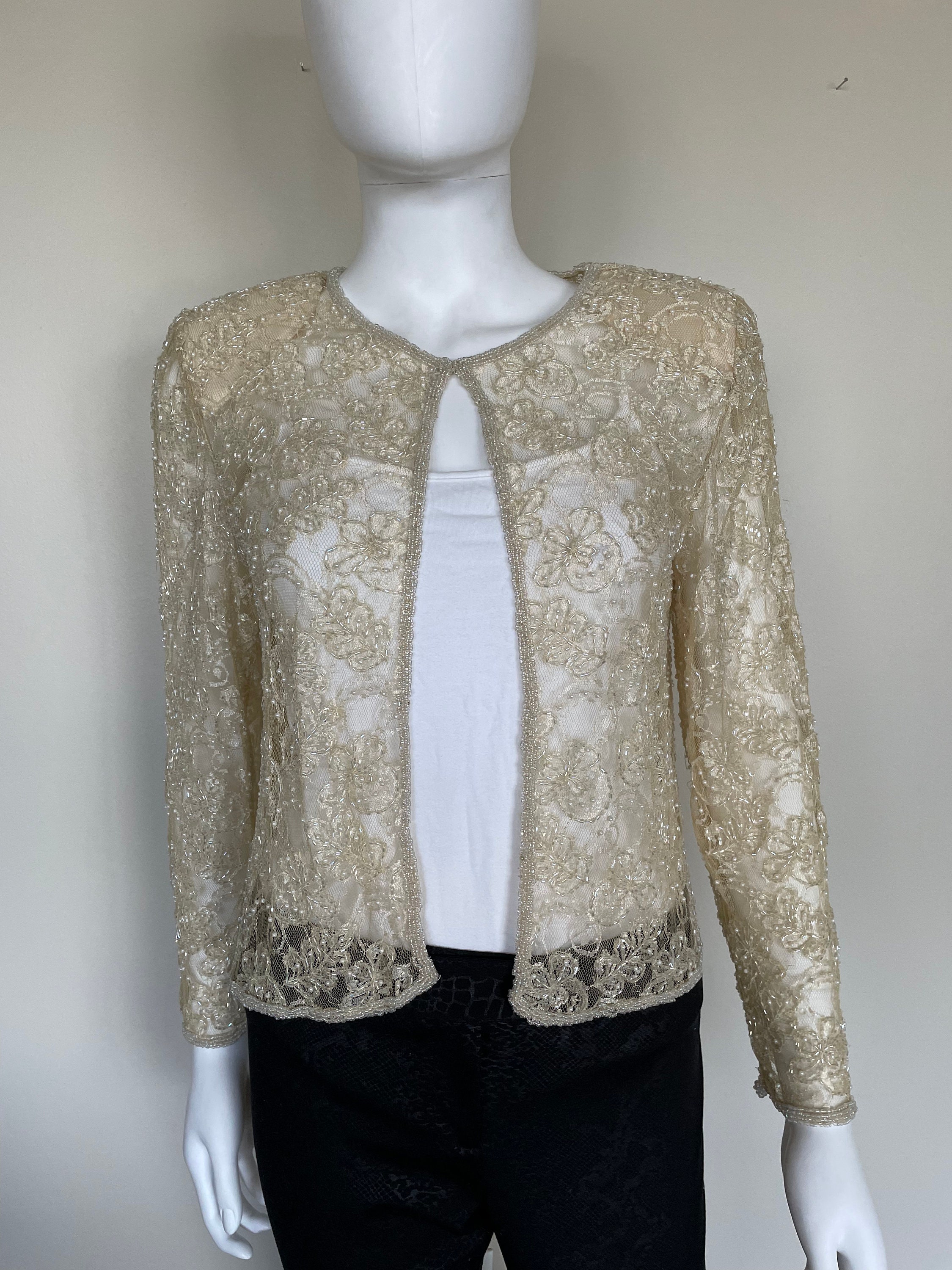 Vintage Beaded Sheer Lace Bridal Wedding Long Sleeve Jacket Cardigan ...