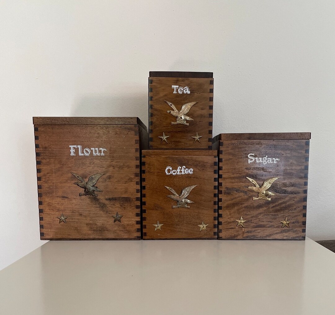 Vintage Mid Century Wooden Canisters Nesting Boxes Storage Flour Sugar ...