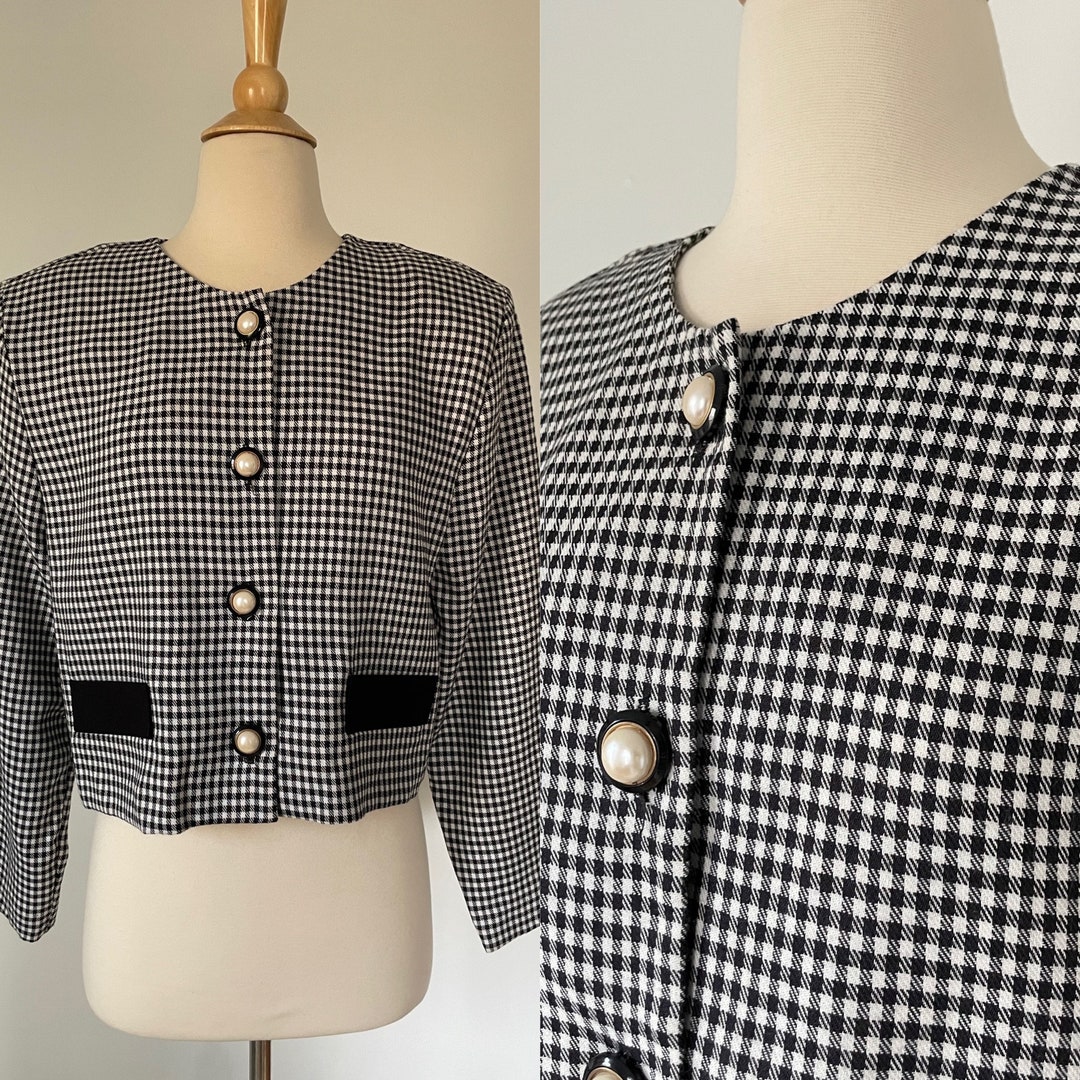 Vintage 1970’s Black & White Checkered Structured Mock Neck Lady Work ...
