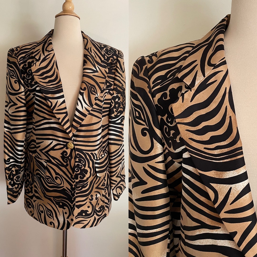 Vintage 1990s Tiger Tribal Print Blazer Jacket Long Sleeve Gold Button ...