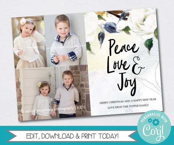 Christmas Card Template, Religious Christmas Photo Card, Peace Love ...