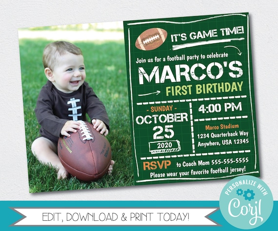 EDITABLE Football First Birthday Invitation, Football 1st Birthday ...
