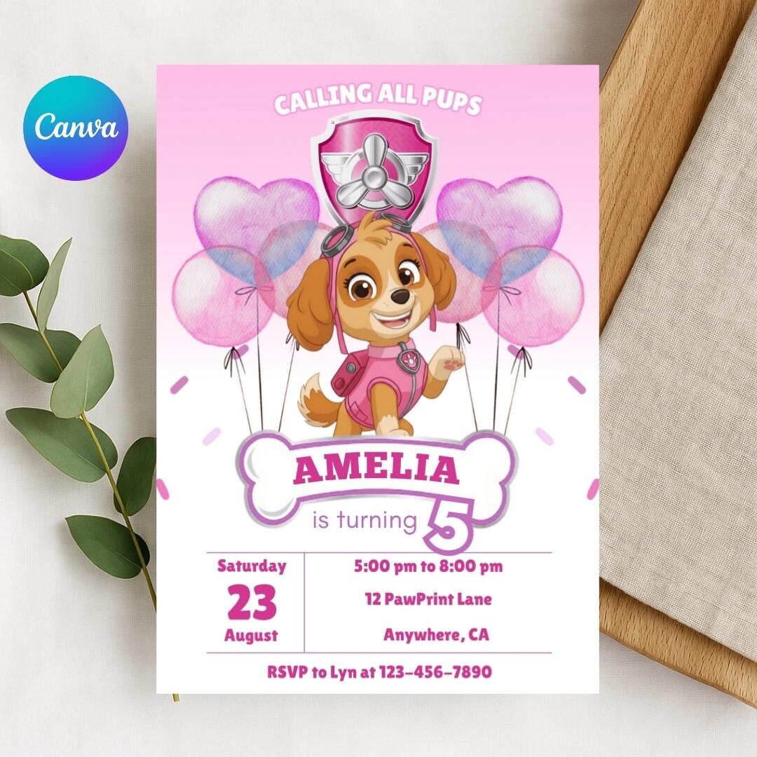Paw Patrol Skye Inspired Birthday Invitation – Editable Party Invite ...