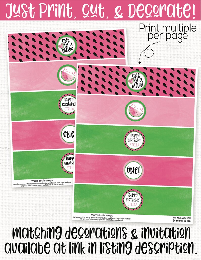 Watermelon Water Bottle Labels, Watermelon Birthday Party Decorations ...