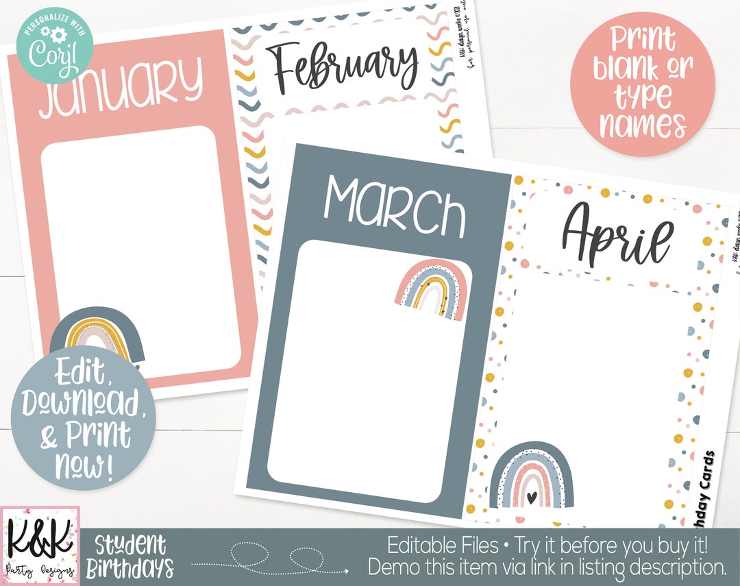 Boho Rainbow Theme Classroom Birthday Board Printable, Teacher Supply ...